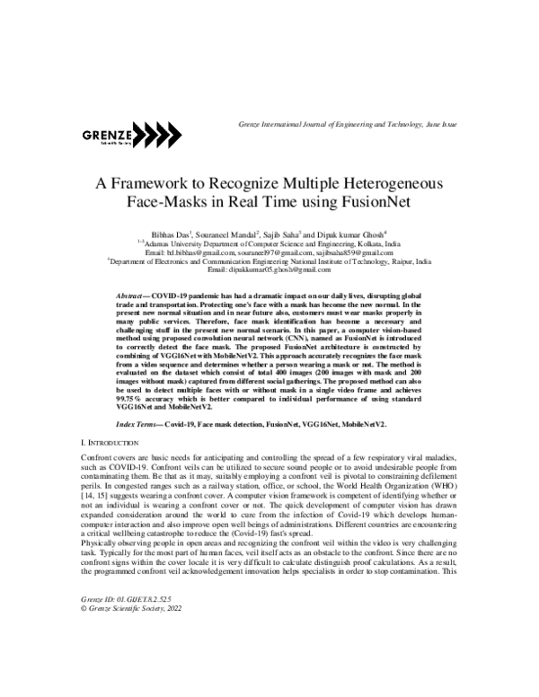 Pdf A Framework To Recognize Multiple Heterogeneous Face Masks In Real Time Using Fusionnet