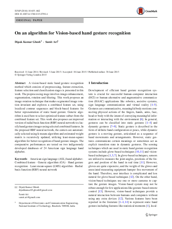 (PDF) On an algorithm for Vision-based hand gesture recognition