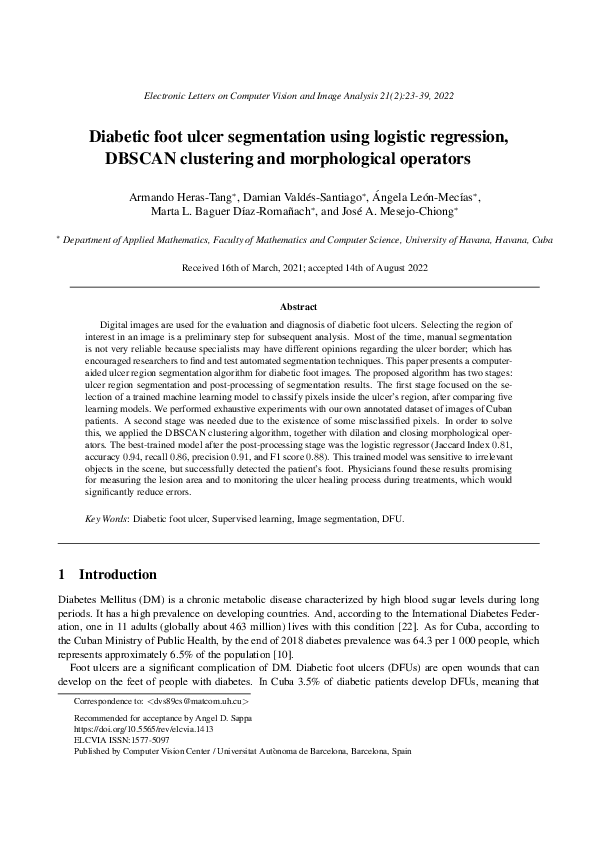 Pdf Diabetic Foot Ulcer Segmentation Using Logistic Regression Dbscan Clustering And