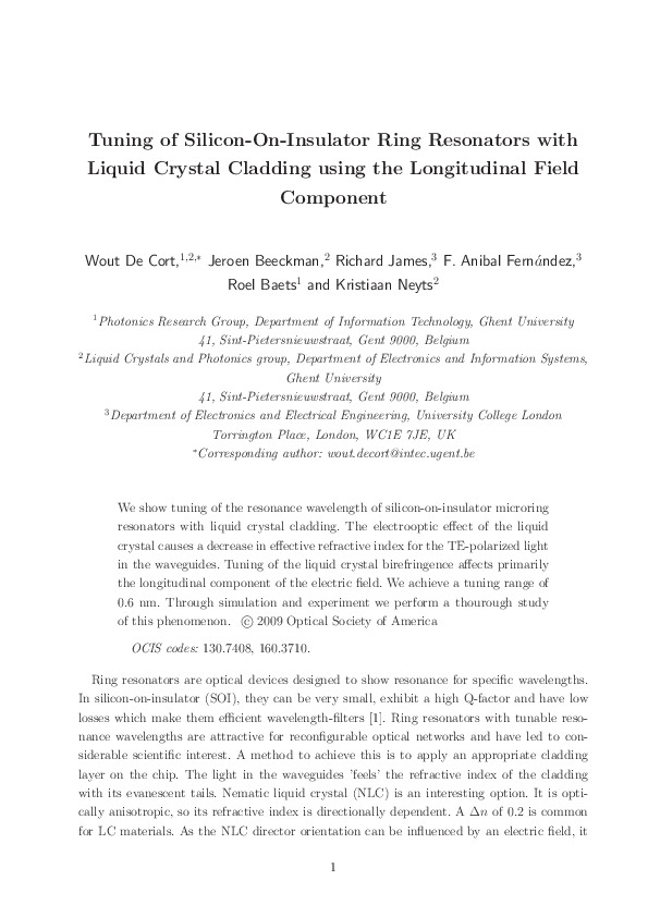 (PDF) Tuning of silicon-on-insulator ring resonators with liquid crystal cladding using the ...
