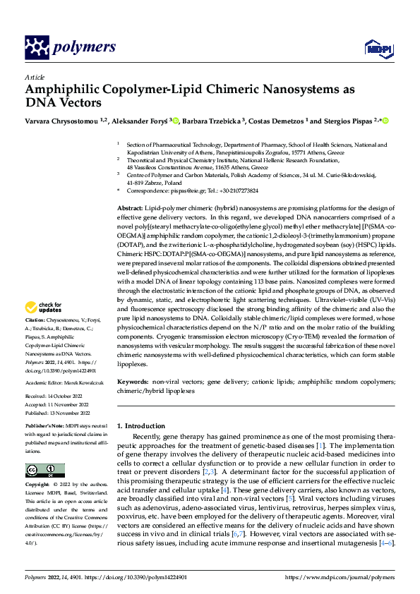 (PDF) Amphiphilic Copolymer-Lipid Chimeric Nanosystems as DNA Vectors