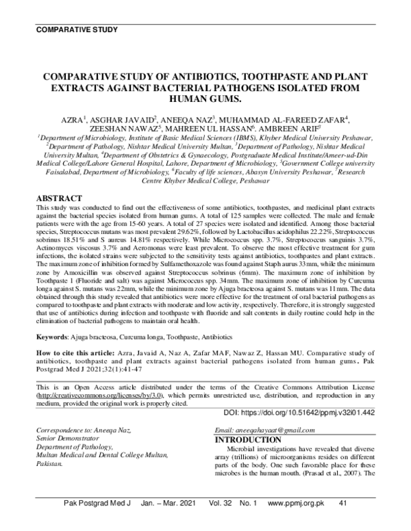 (PDF) Comparative Study of Antibiotics, Toothpaste and Plant Extracts Against Bacterial ...