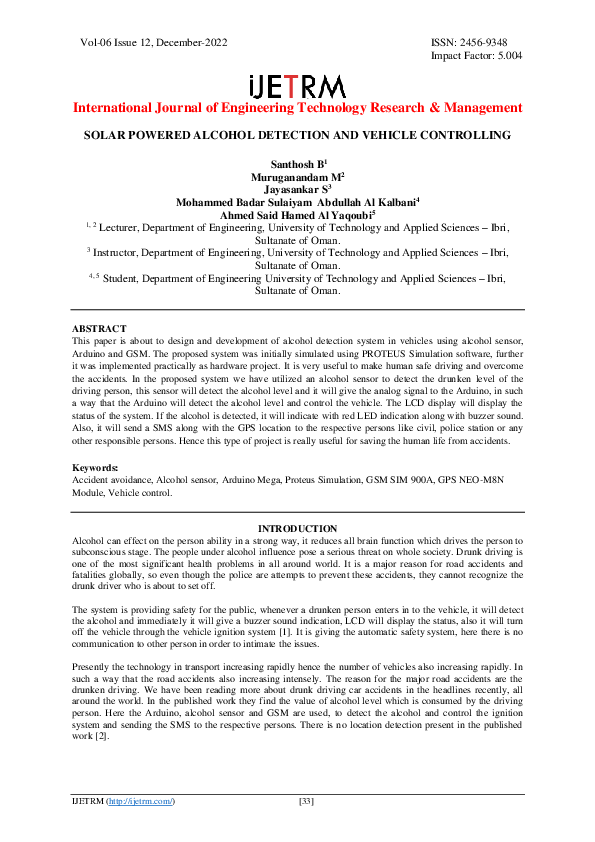 (PDF) SOLAR POWERED ALCOHOL DETECTION AND VEHICLE CONTROLLING