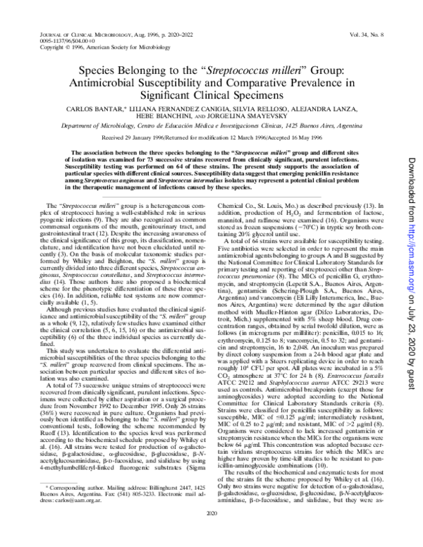 (PDF) Species belonging to the "Streptococcus milleri" group ...