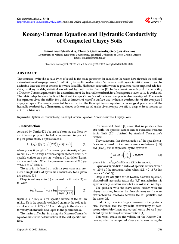 (PDF) Kozeny-Carman Equation and Hydraulic Conductivity of Compacted ...