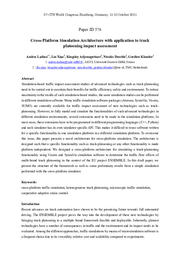 Pdf Cross Platform Simulation Architecture With Application To Truck