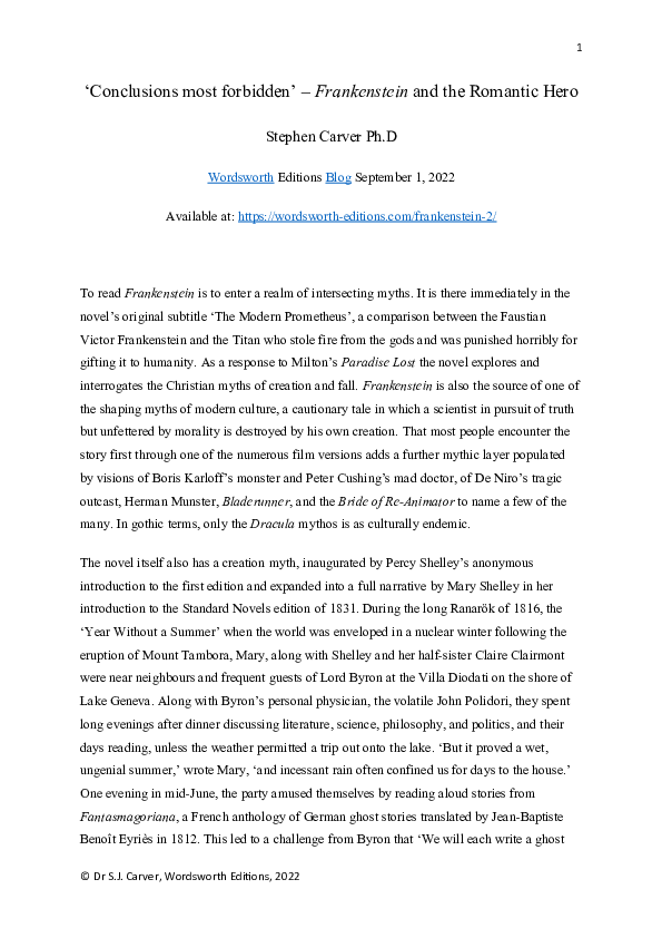 (DOC) 'Conclusions most forbidden': Frankenstein and the Romantic Hero
