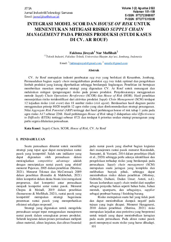 (PDF) Integrasi Model SCOR dan House of Risk Untuk Menentukan Mitigasi ...