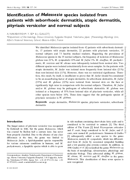 (PDF) Identification ofMalasseziaspecies isolated from patients with ...