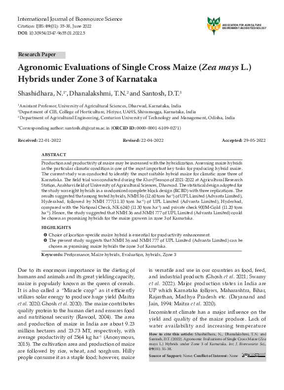 (PDF) Agronomic Evaluations of Single Cross Maize (Zea mays L.) Hybrids ...