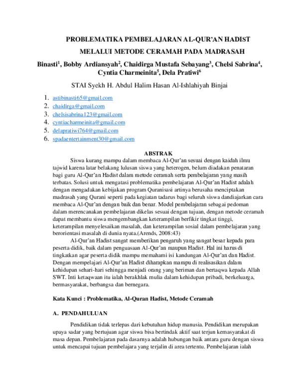 (PDF) PROBLEMATIKA PEMBELAJARAN AL-QUR'AN HADIST MELALUI METODE CERAMAH PADA MADRASAH