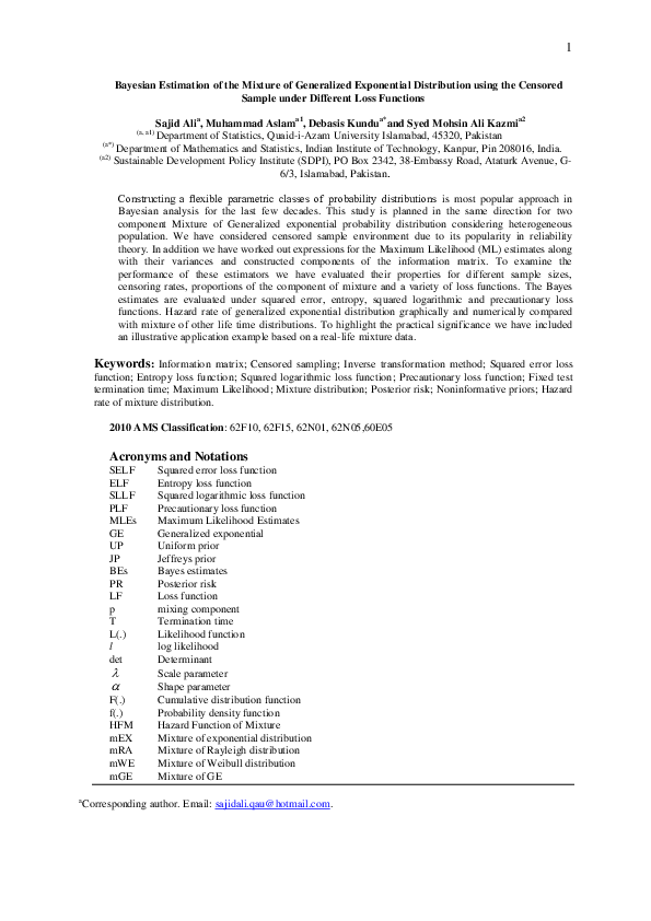 (PDF) 1 Bayesian Estimation of the Mixture of Generalized Exponential Distribution using the ...