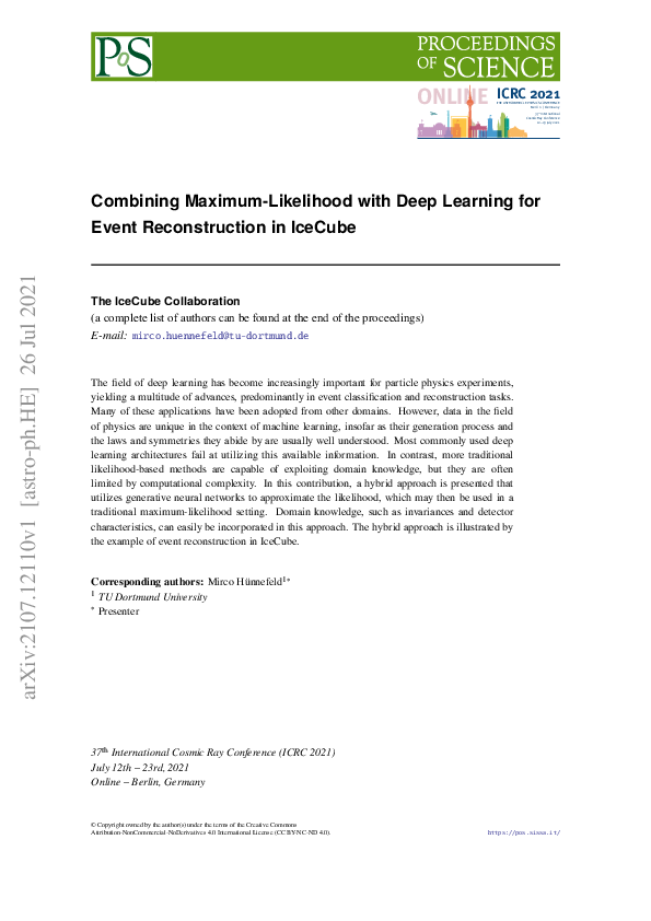 (PDF) Combining Maximum-Likelihood with Deep Learning for Event Reconstruction in IceCube