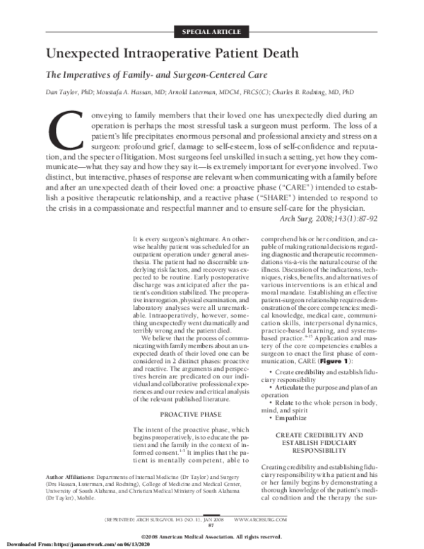 (PDF) Unexpected Intraoperative Patient Death