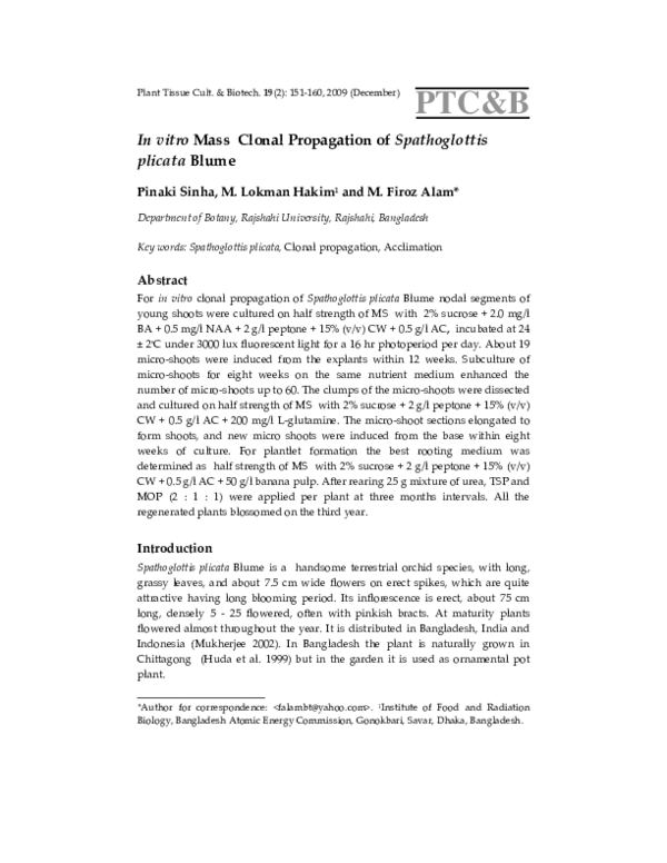 (PDF) In vitro Mass Clonal Propagation of Spathoglottis plicata Blume