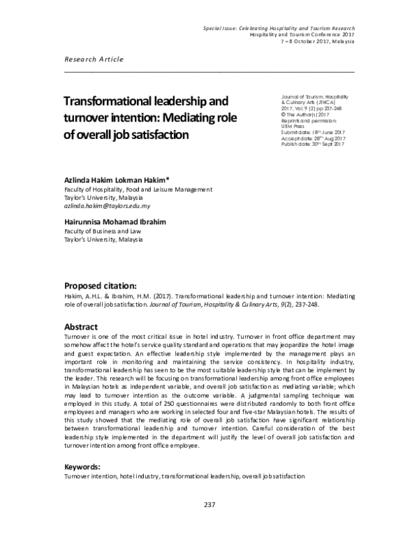 (PDF) Transformational leadership and turnover intention: The mediating effects of trust and job ...