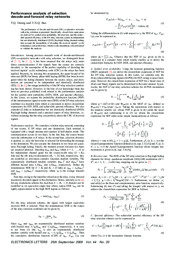Pdf Performance Analysis Of Selection Decode And Forward Relay Networks Quốc Nguyễn 