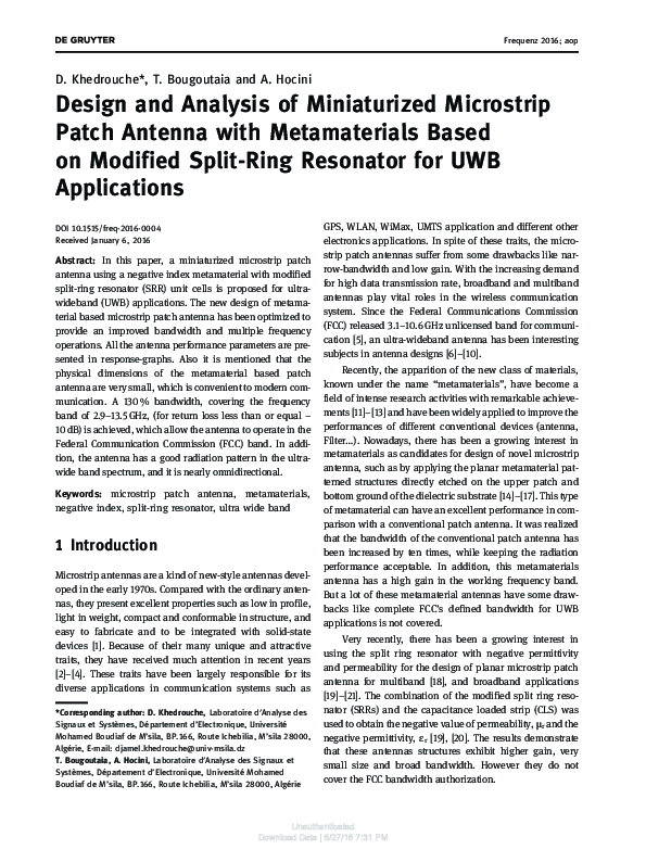Pdf Design And Analysis Of Miniaturized Microstrip Patch Antenna With Metamaterials Based On