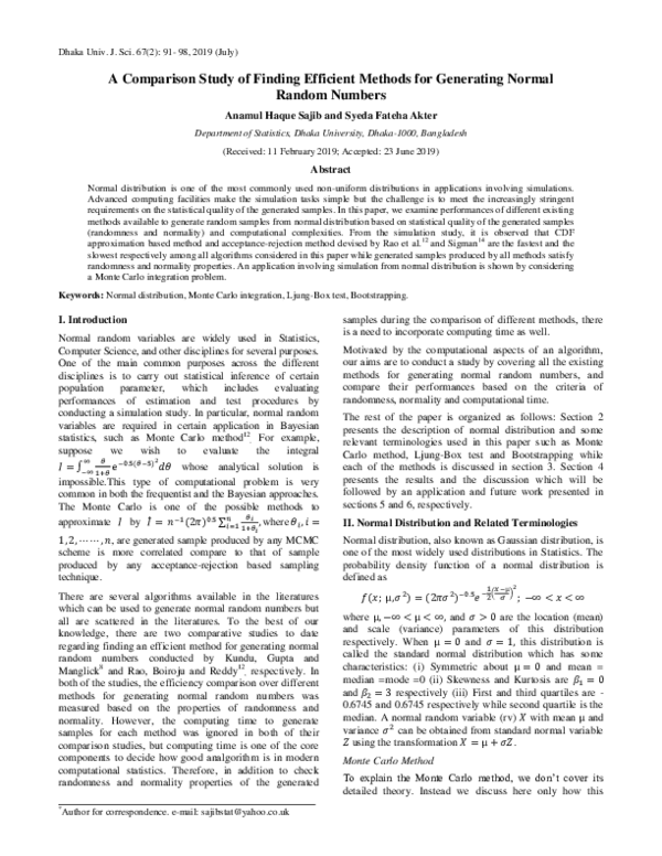 (PDF) A Comparison Study of Finding Efficient Methods for Generating Normal Random Numbers ...