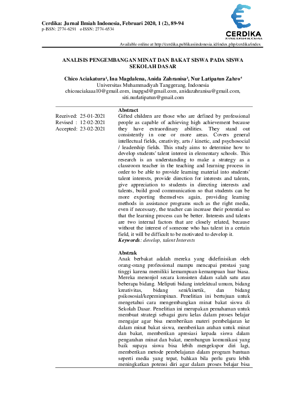 (PDF) Analisis Pengembangan Minat dan Bakat Siswa pada Siswa Sekolah Dasar