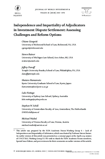 (PDF) Independence and Impartiality of Adjudicators in Investment Dispute Settlement: Assessing ...
