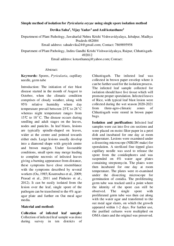 (PDF) Simple method of isolation for Pyricularia oryzae using single ...