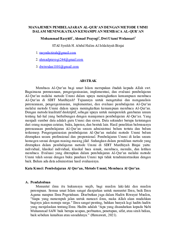 (DOC) MANAJEMEN PEMBELAJARAN AL-QUR'AN DENGAN METODE UMMI DALAM ... (DOC) MANAJEMEN PEMBELAJARAN AL-QUR'AN DENGAN METODE UMMI DALAM ...