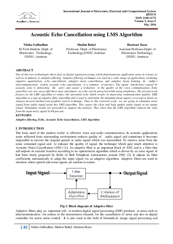 Pdf Acoustic Echo Cancellation Using Lms Algorithm