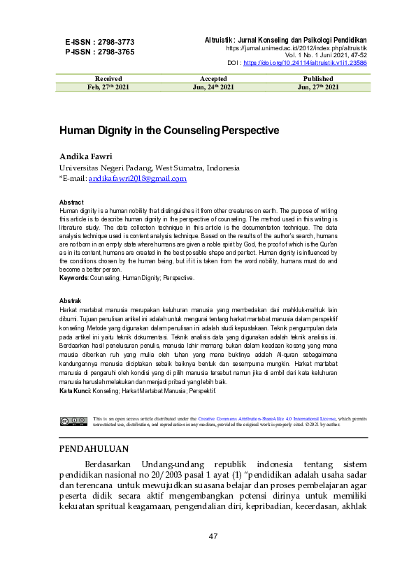 (PDF) Human Dignity in the Counseling Perspective