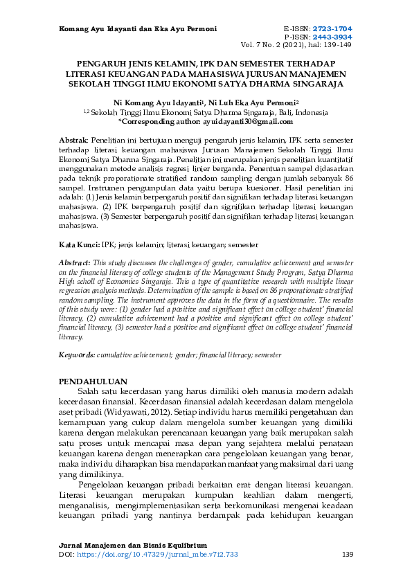 (PDF) Pengaruh Jenis Kelamin, IPK Dan Semester Terhadap Literasi Keuangan Pada Mahasiswa Jurusan ...