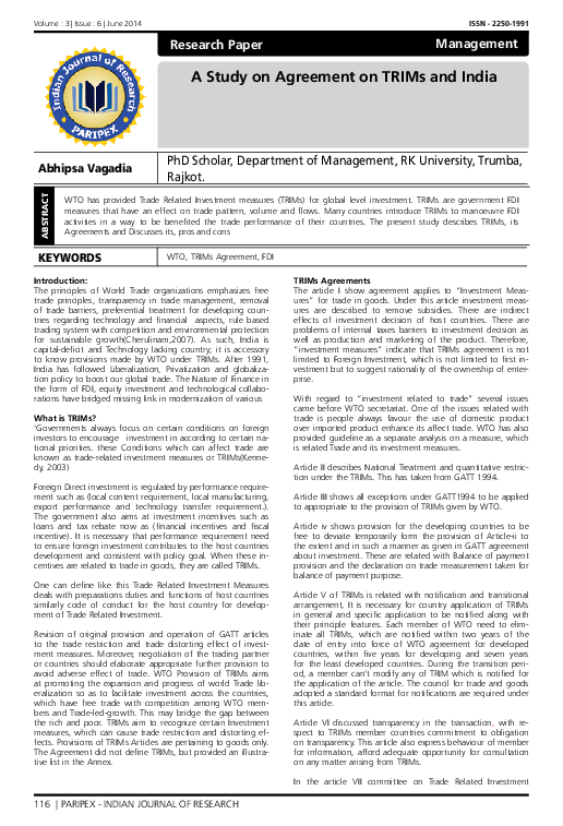 (PDF) A Study on Agreement on TRIMs and India