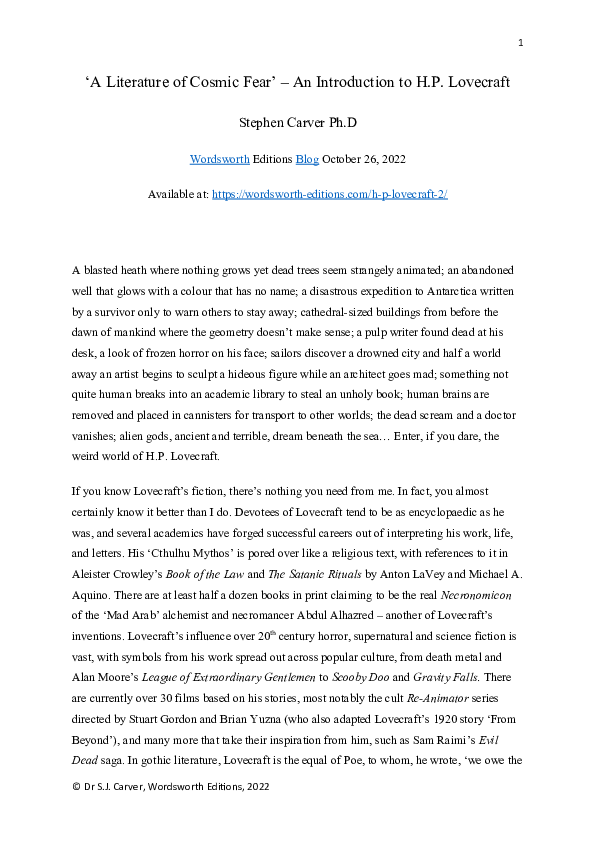 (DOC) 'A Literature of Cosmic Fear': An Introduction to H.P. Lovecraft