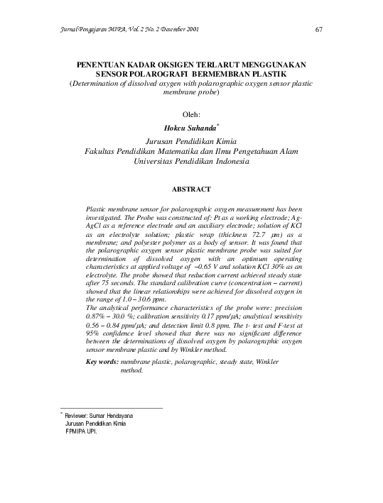 Pdf Penentuan Kadar Oksigen Terlarut Menggunakan Sensor Polarografi