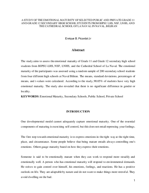 (PDF) A STUDY OF THE EMOTIONAL MATURITY OF SELECTED PUBLIC AND PRIVATE ...