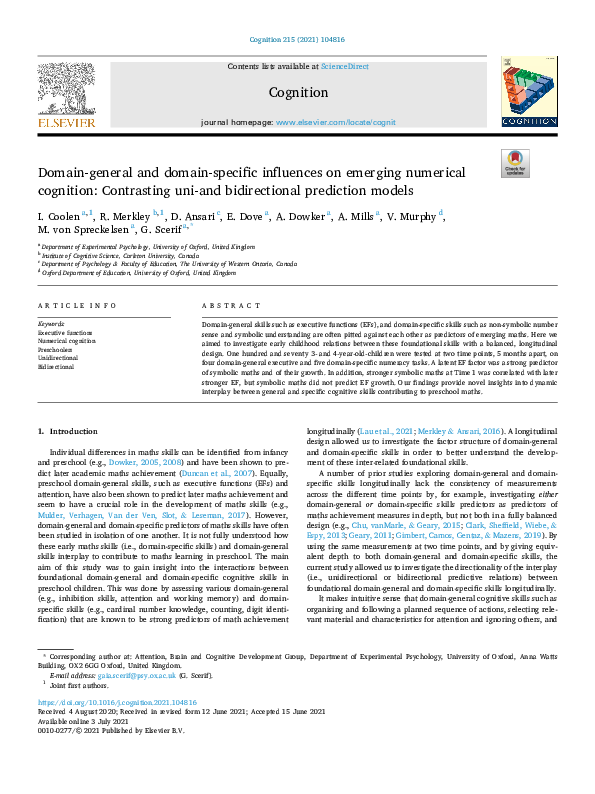 (PDF) Domain-general and domain-specific influences on emerging numerical cognition: Contrasting ...