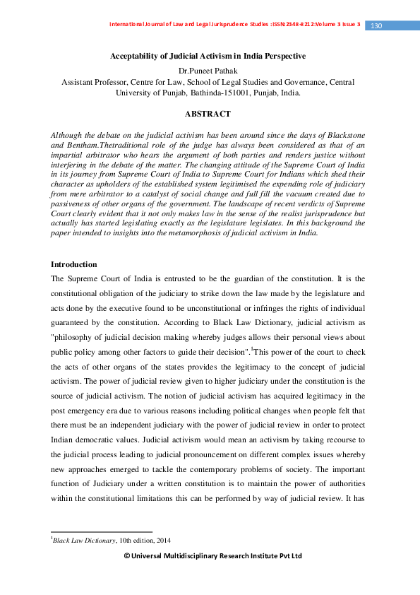 (PDF) Acceptability of Judicial Activism in India Perspective