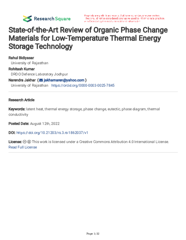 (PDF) State-of-the-Art Review of Organic Phase Change Materials for Low ...