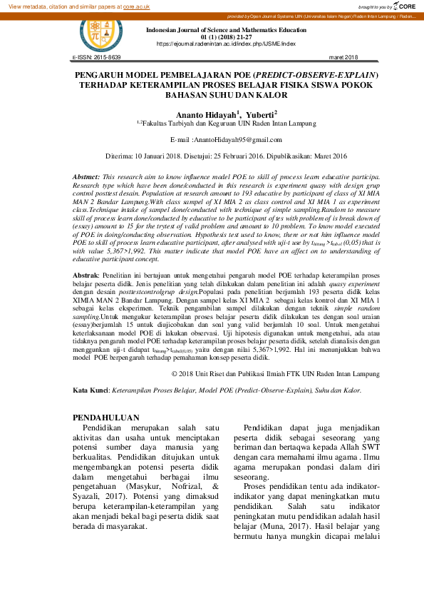 Pdf Pengaruh Model Pembelajaran Poe Predict Observe Explain Terhadap Keterampilan Proses