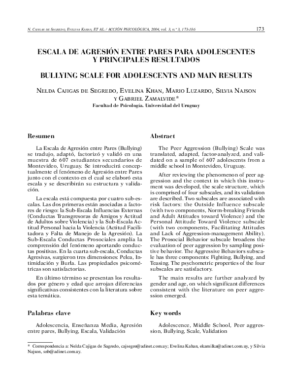 (PDF) Escala de agresión entre pares para adolescentes y principales ...