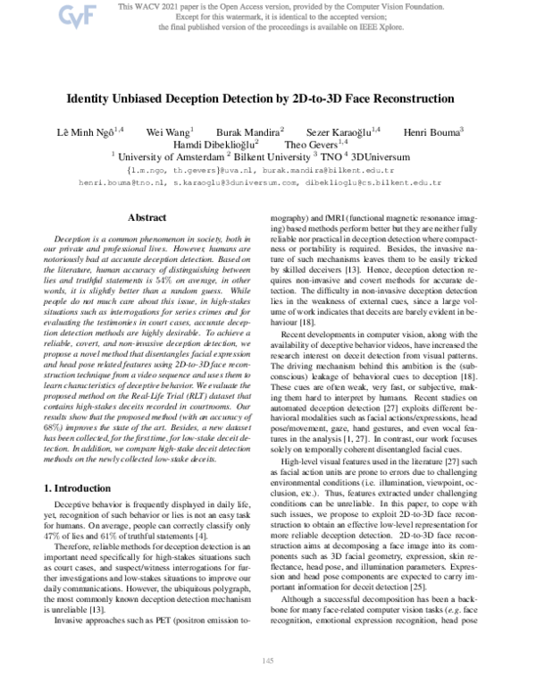 (PDF) Identity Unbiased Deception Detection by 2D-to-3D Face Reconstruction