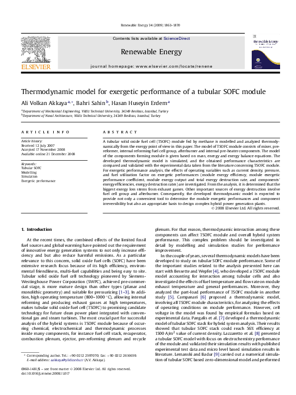 (PDF) Thermodynamic model for exergetic performance of a tubular SOFC ...