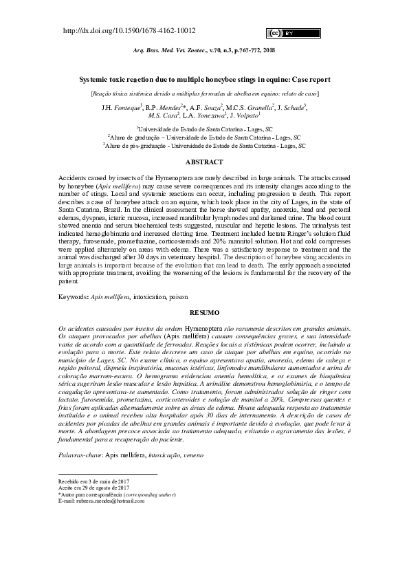 (PDF) Systemic toxic reaction due to multiple honeybee stings in equine ...