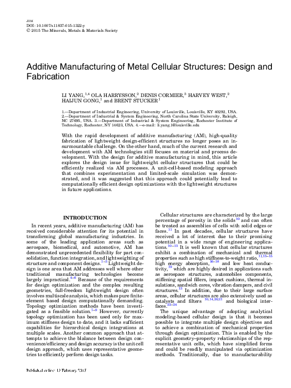 (PDF) Additive Manufacturing of Metal Cellular Structures: Design and Fabrication | Harvey West ...