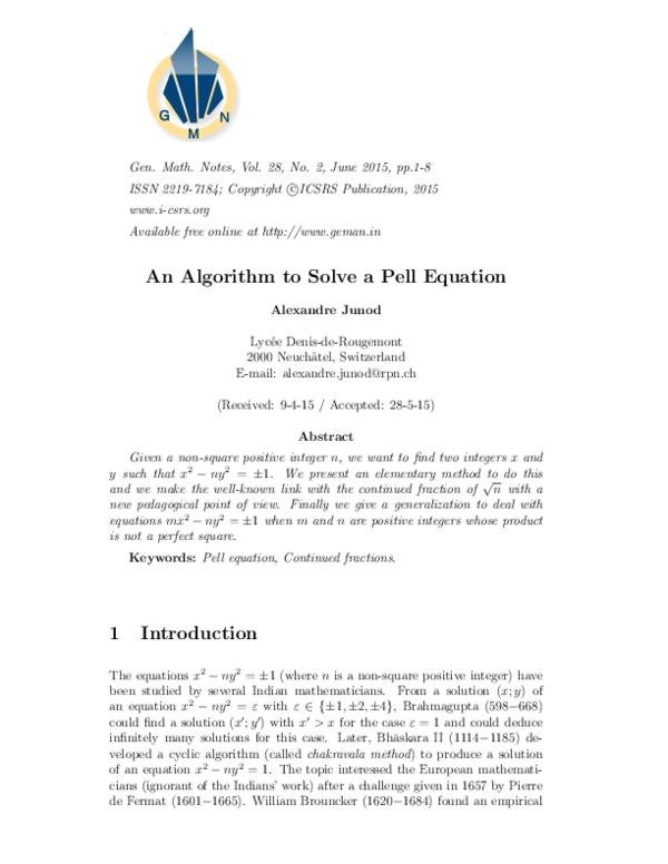 (PDF) An Algorithm to Solve a Pell Equation