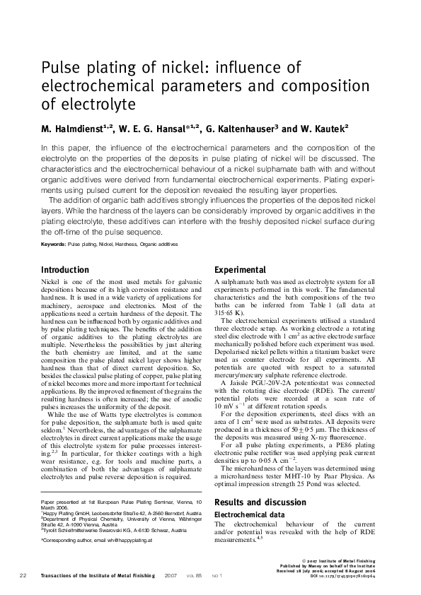 (PDF) Pulse plating of nickel: influence of electrochemical parameters ...