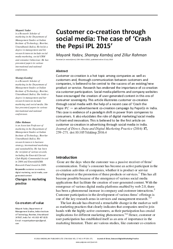 (PDF) Customer co-creation through social media: The case of ‘Crash the Pepsi IPL 2015’