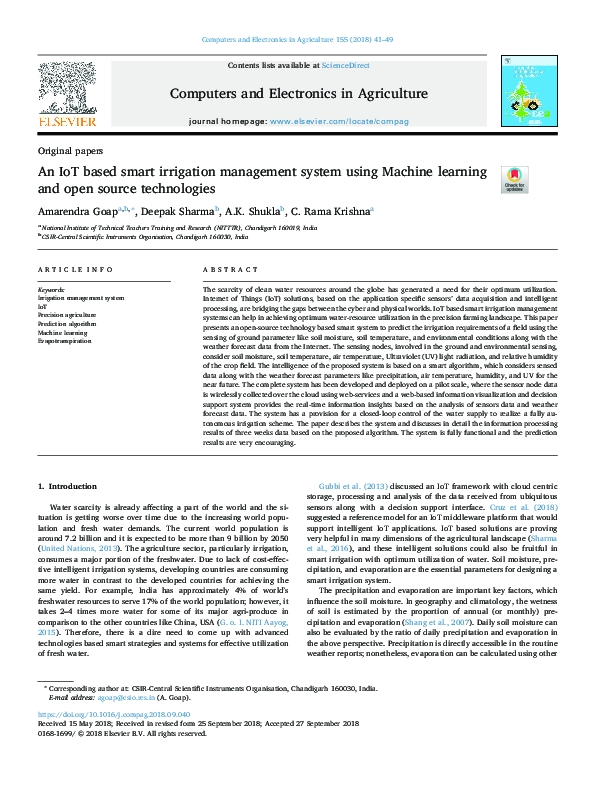 (PDF) An IoT based smart irrigation management system using Machine learning and open source ...