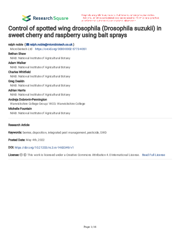 (PDF) Control of spotted wing drosophila (Drosophila suzukii) in sweet cherry and raspberry ...