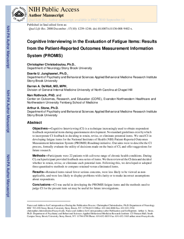 (PDF) Cognitive interviewing in the evaluation of fatigue items: results from the patient ...