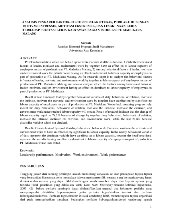 (PDF) Analisis Pengaruh Faktor-Faktor Perilaku Tugas, Perilaku Hubungan, Motivasi Intrensik ...